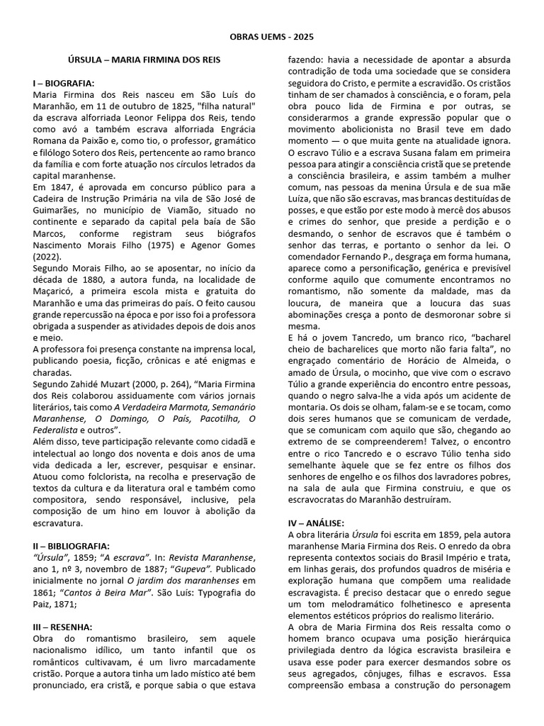 Biografia e Análise de "Úrsula" de Maria Firmina dos Reis | PDF ...