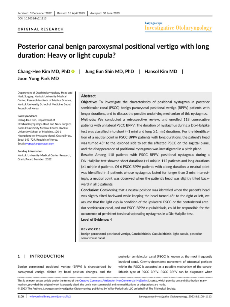 Posterior Canal Benign Paroxysmal Positional Vertigo With Long | PDF ...