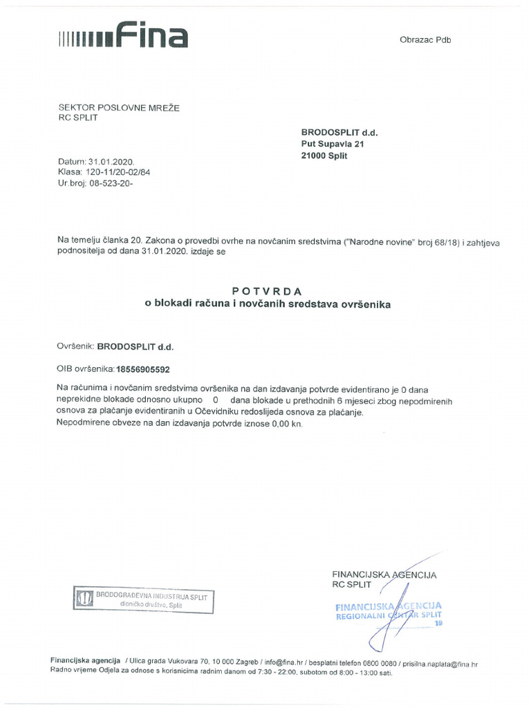 Potvrda o Blokadi Racuna - Brodosplit D.D | PDF