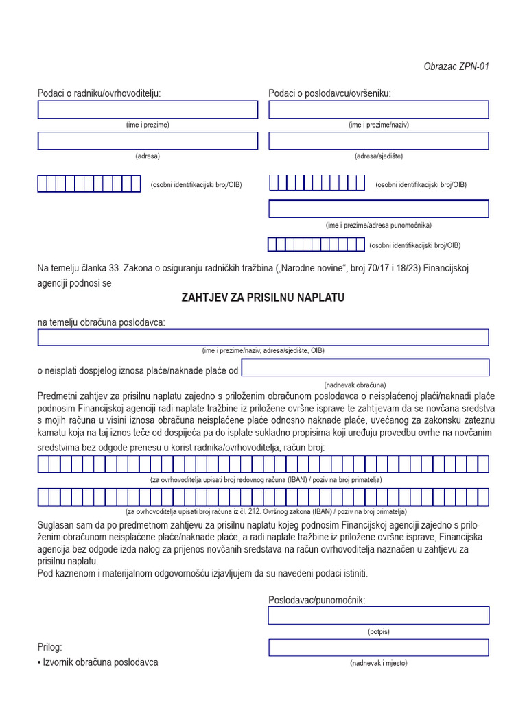 Zahtjev Za Prisilnu Naplatu - ZPN - 01 | PDF