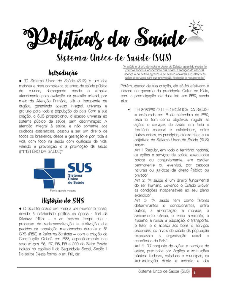Resumo 02 - Sistema Único de Saúde - SUS | PDF | Descentralização ...