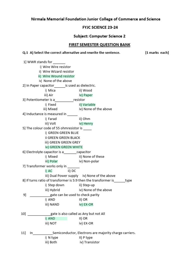 CS2 XI QUESTION BANK - First Semester | PDF | Diode | Capacitor