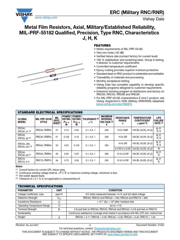 Military Metal Film Resistors RNC/RNR | PDF | Resistor | Electricity