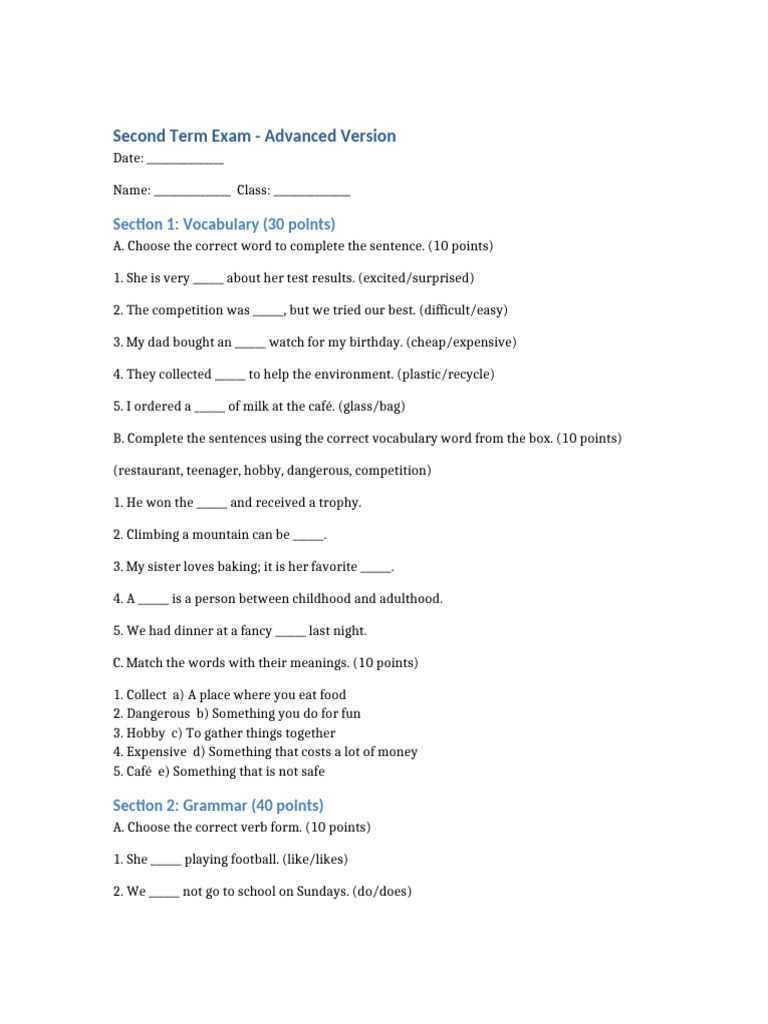 Second Term Exam Advanced | PDF