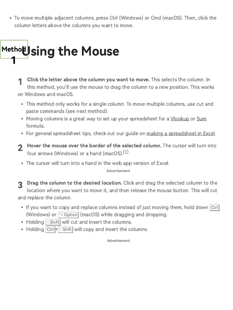 How To Move Columns in Excel - Reposition in Windows or MacOS | PDF | Microsoft Excel | Spreadsheet