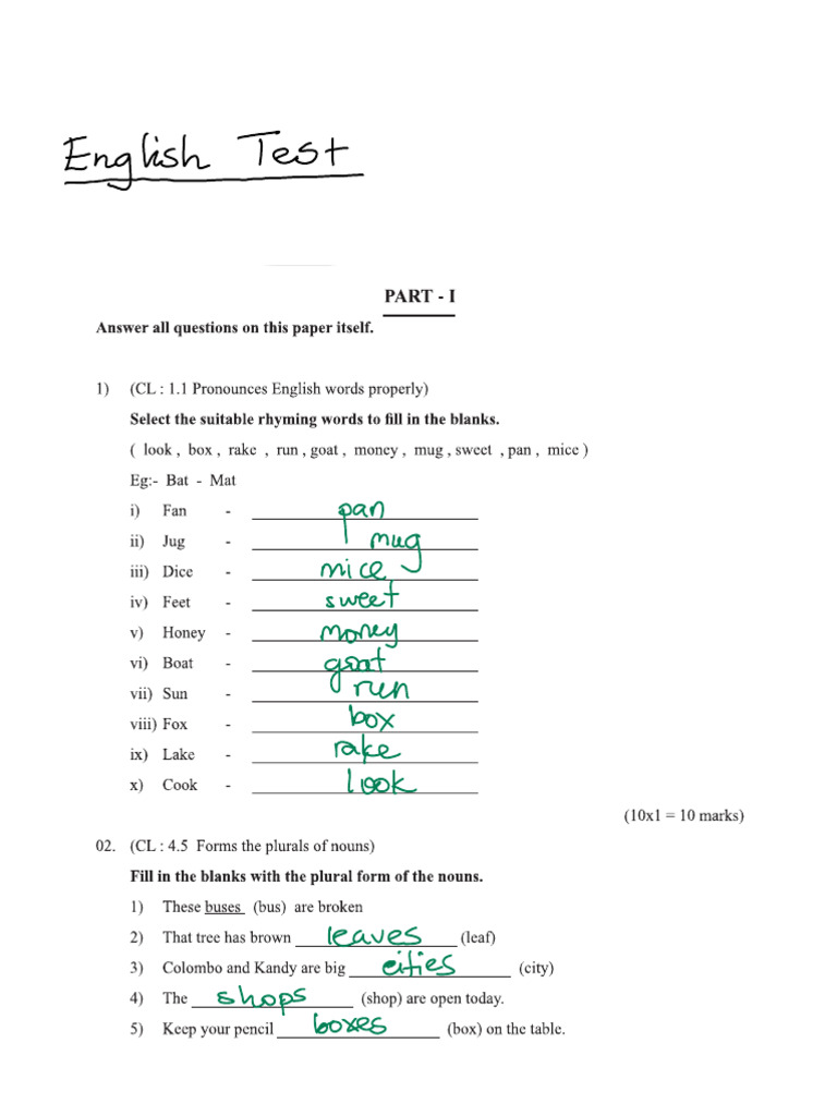 Grade 5 English Test Answers | PDF