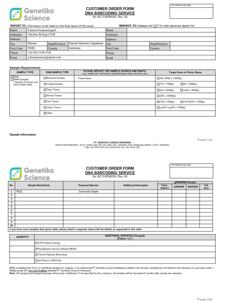 GMS-Form-New - DNA Barcoding - Yuliana Prasetyaningsih - Biologi UGM - Januari 2025 | PDF | Life ...