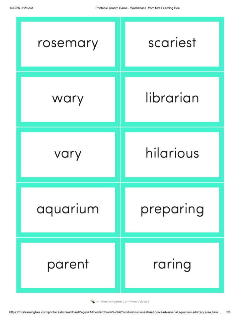 Printable Crash! Game - 3wordabase, From Mrs Learning Bee | PDF | Card ...
