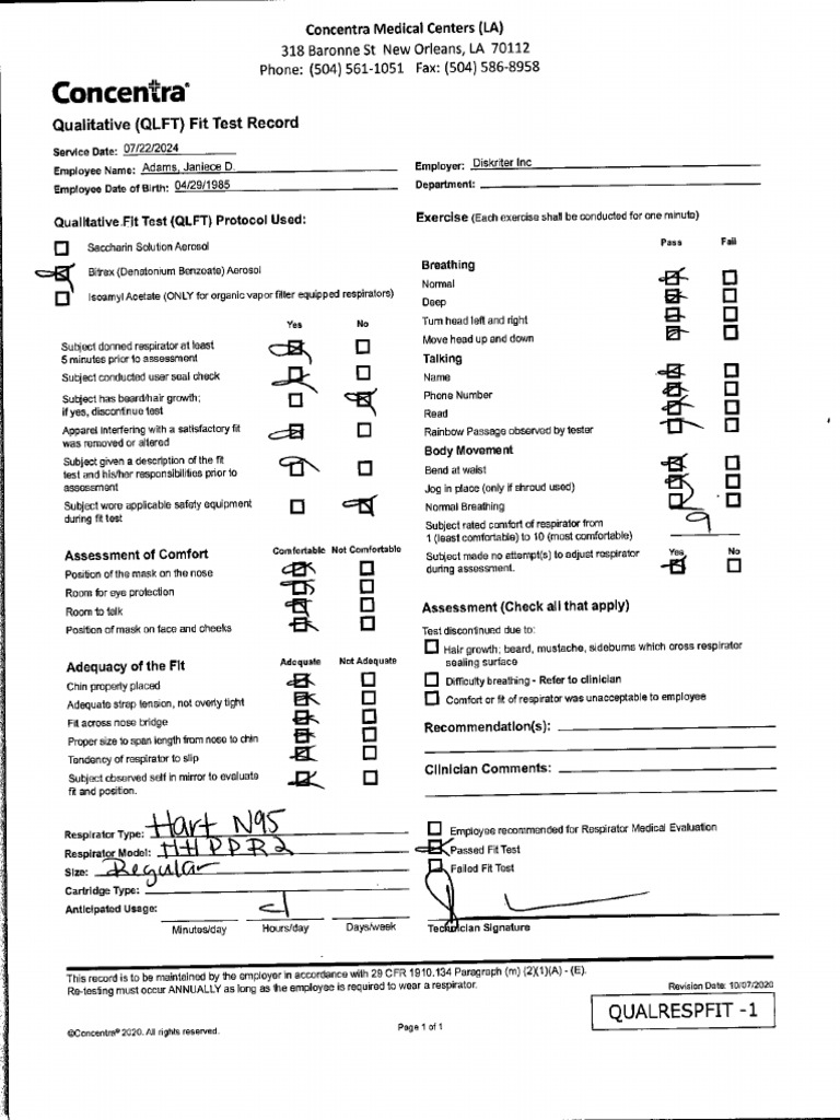 Janiece Adams - Fit Mask Test Report | PDF