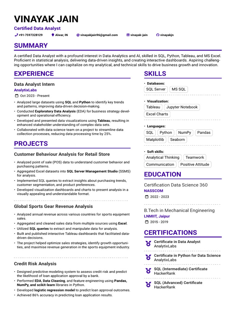 VinayakJain_Data Analyst_Resume | PDF | Data Analysis | Data Science