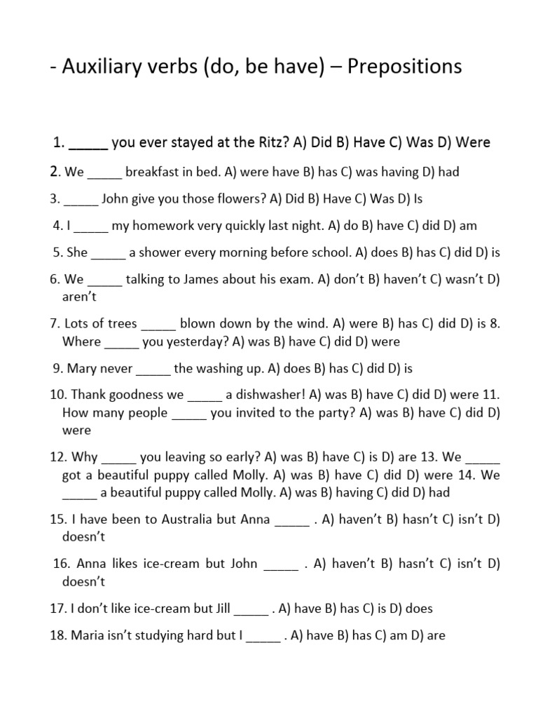 Auxiliary Verbs Do Be Have Prepositions Pdf