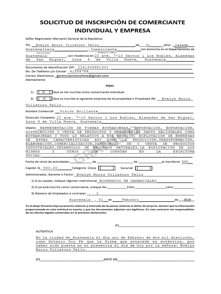 Solicitud de Inscripción de Comerciante Individual y Empresa Rocio Villatoro | PDF | Economias