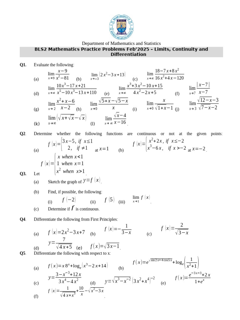 BLS2 Calculus Feb'25 Practice Problems | PDF | Mathematical Analysis ...