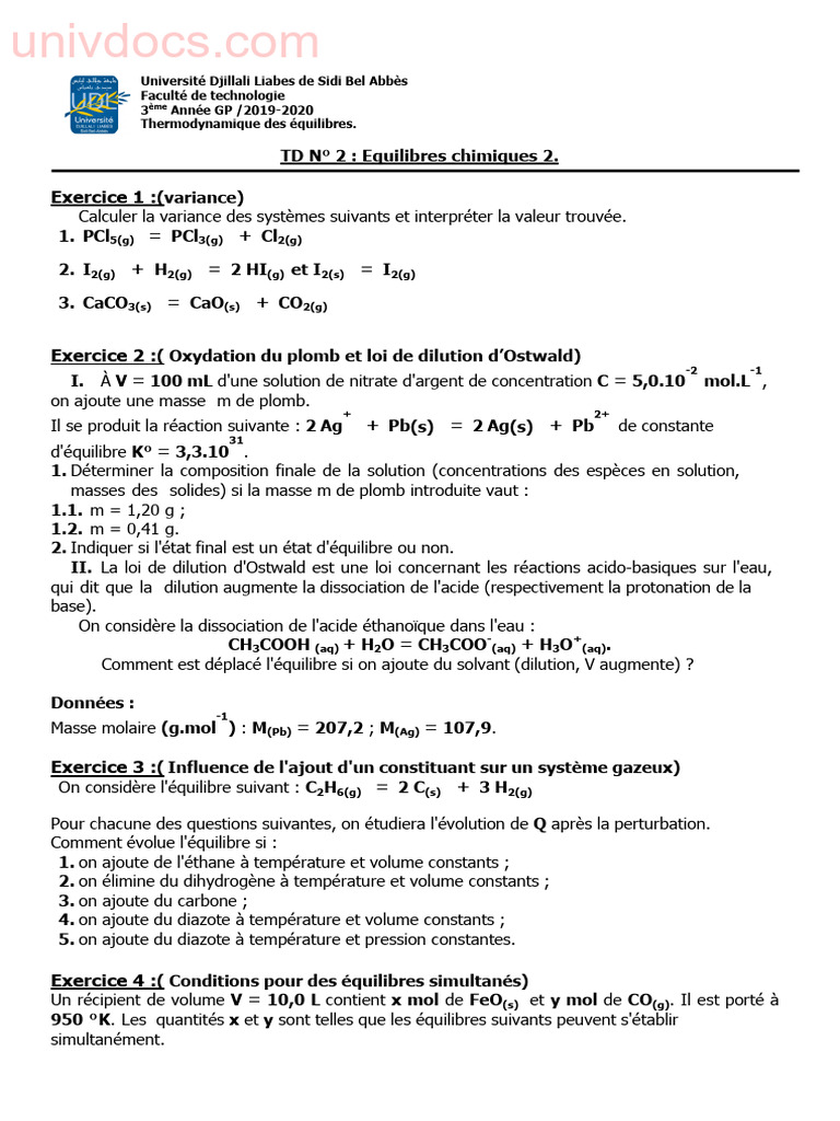 Oxydation du plomb et loi d'Ostwald | PDF | Équilibre chimique | Chimie ...