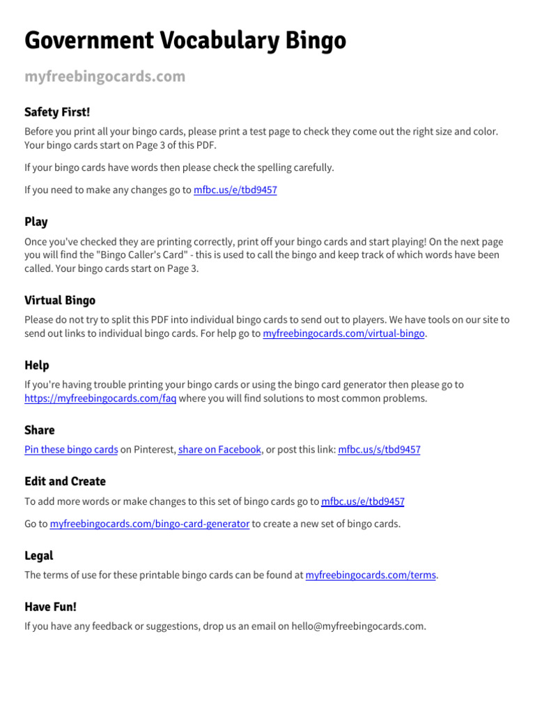 Government Vocabulary Bingo | PDF | Federal Government Of The United ...