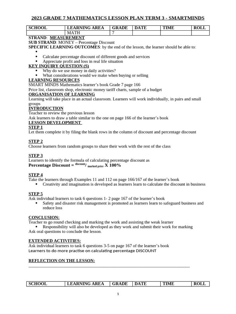 Grade 7 Mathematics Lesson Plan | PDF | Rectangle | Learning