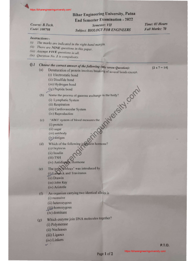 BEU CSE 7 Sem Biology For Engineers 100708 2022 | PDF