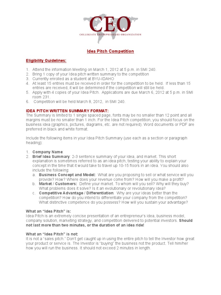 Idea Pitch Competition Guidelines | PDF | Investor | Business Model