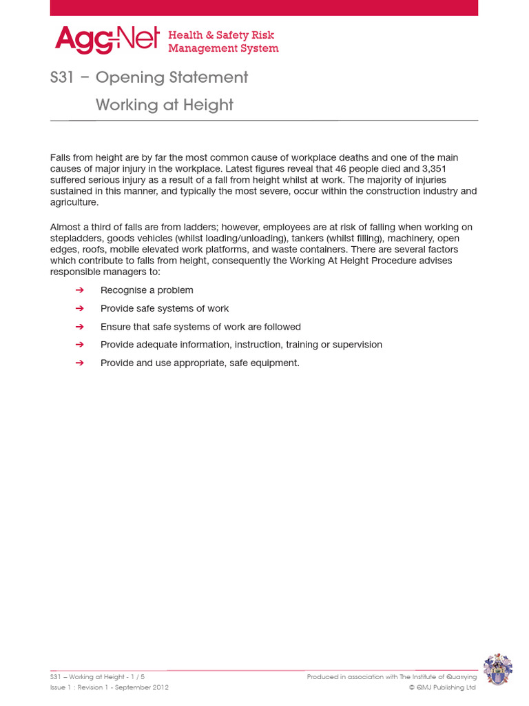 Working at Height Safety Procedures | PDF | Occupational Safety And ...
