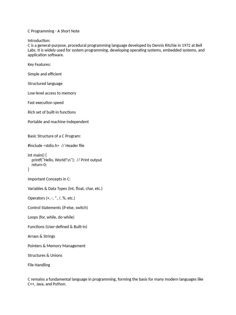 C Programming - A Short Note | PDF