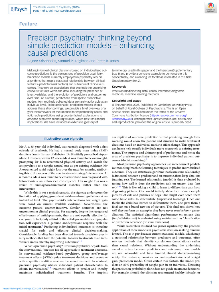 Precision Psychiatry Thinking Beyond Simple Prediction Models Enhancing ...