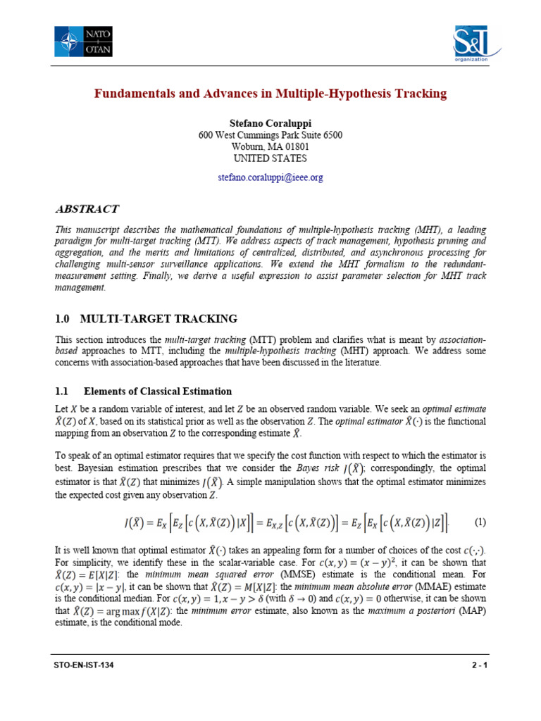 Fundamentals and Advances in Multiple-Hypothesis Tracking - NATO Report | PDF | Estimator ...