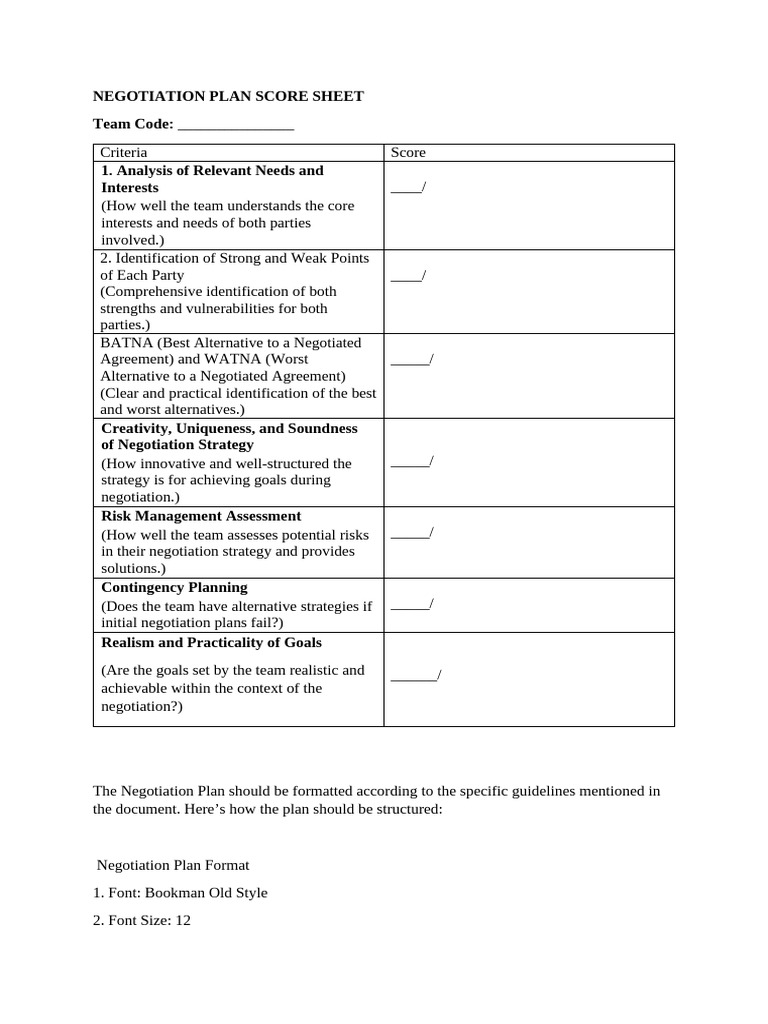 Negotiation Plan Score Sheet | PDF | Negotiation