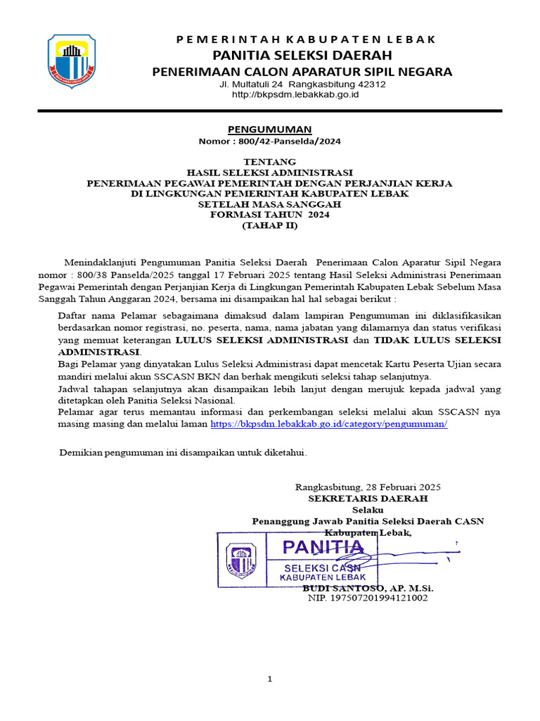 Hasil Seleksi Administrasi Pasca Sanggah CASN PPPK Tahap II Formasi 2024 | PDF