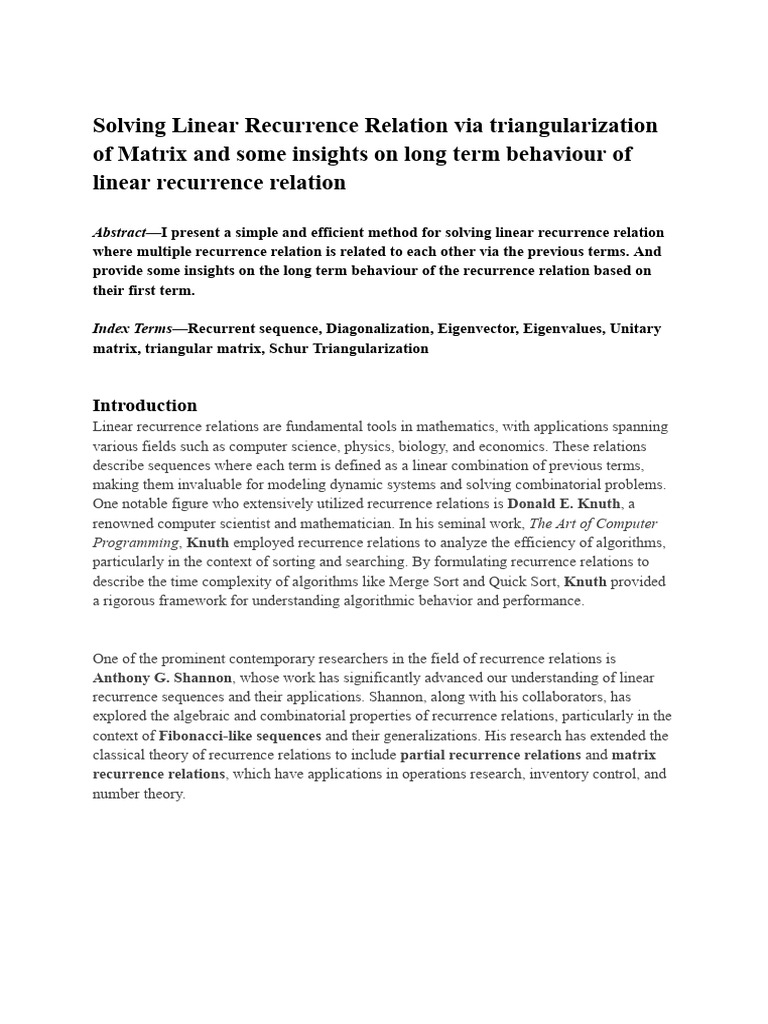 Matrix and Linear Recurrence Relation | PDF | Matrix (Mathematics) | Recurrence Relation