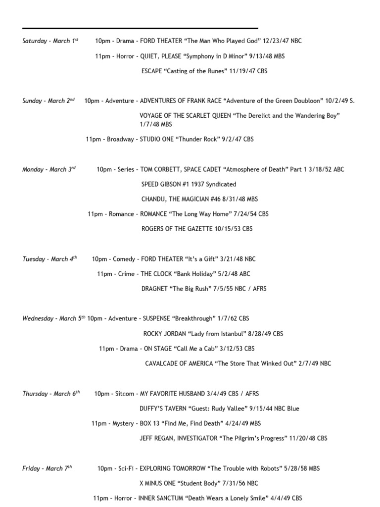 March 2025 Radio Show Schedule | PDF | Cbs | Nbc