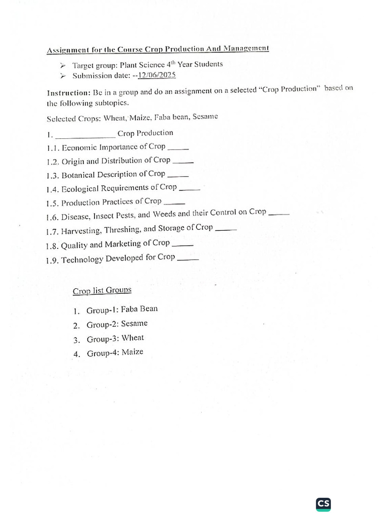 Assignment for Field Crops Production | PDF