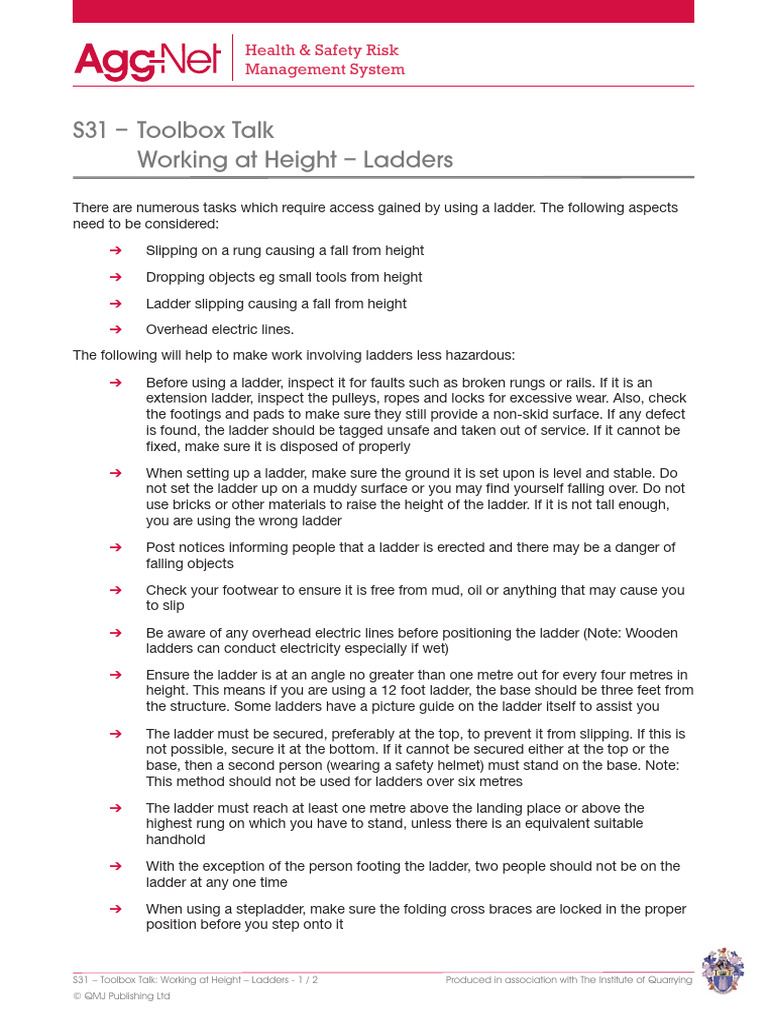 9 - Tool-Box-Talk-Working-At-Height-At-Ladders | PDF | Ladder