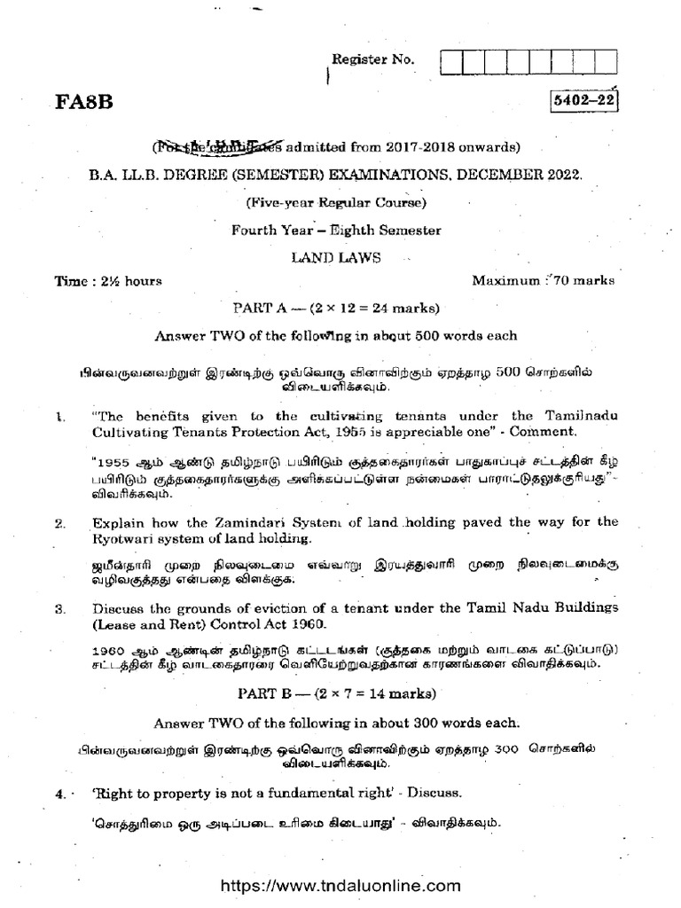Ballb 8 Sem Land Laws 5402 22 Dec 2022 | PDF
