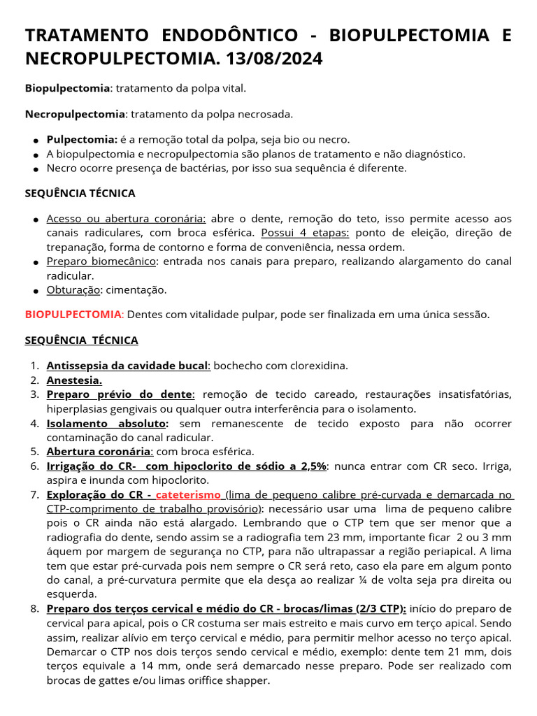 Tratamento Endodôntico - Biopulpectomia e Necropulpectomia. 13082024 ...