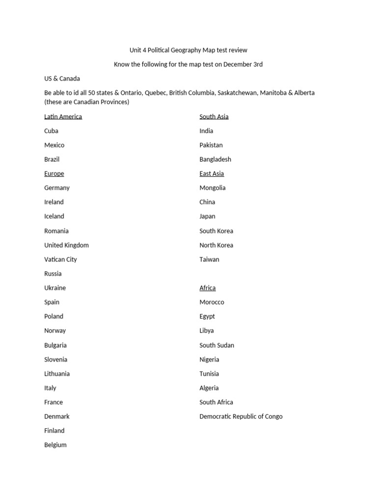 Unit 4 Political Geography Map Test Review | PDF