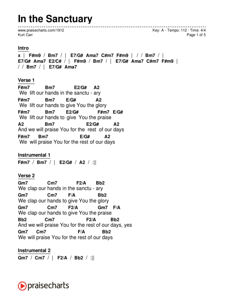In The Sanctuary (Kurt Carr) Chord Chart - A - 1 Column Layout | PDF ...
