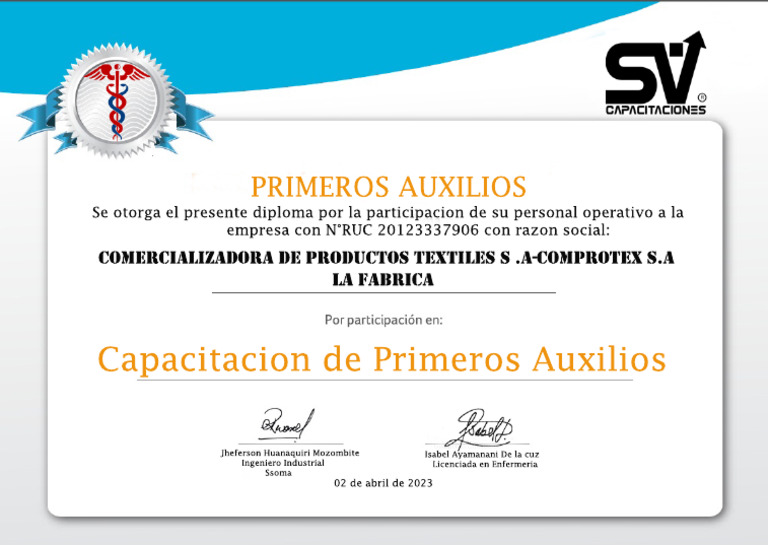 Diploma de Capacitación en Primeros Auxilios | PDF