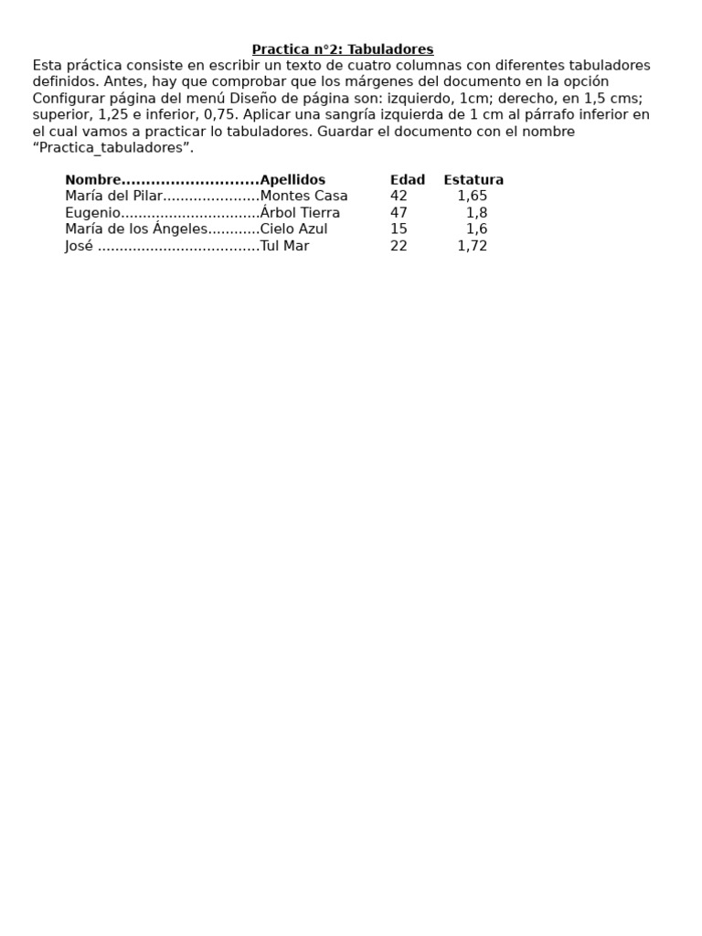 Práctica de Tabuladores en Word | PDF