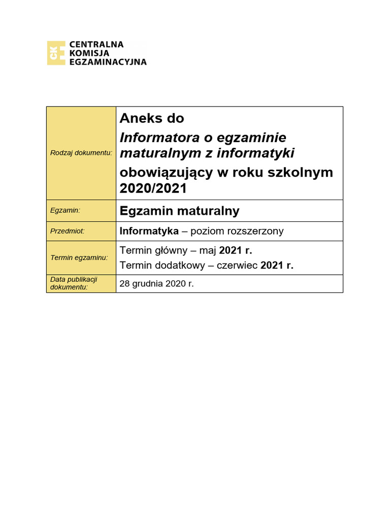 Aneks Informatyka EM Standardowy | PDF