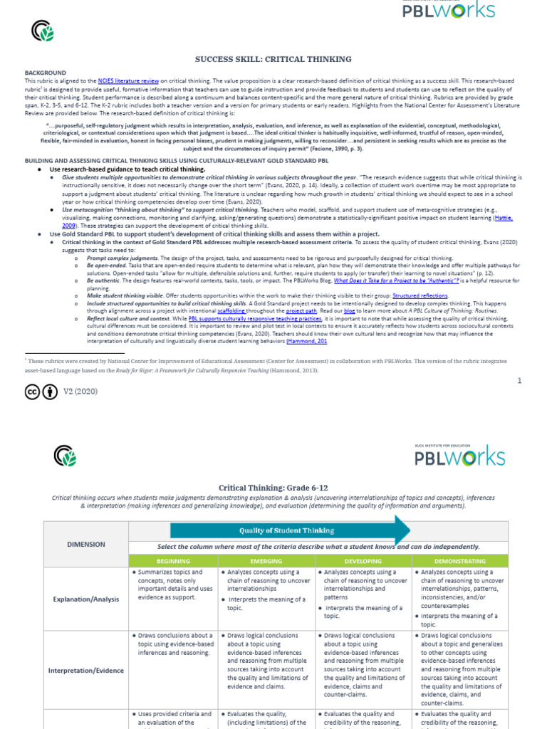 Critical Thinking Skills Assessment Rubric | PDF | Critical Thinking ...
