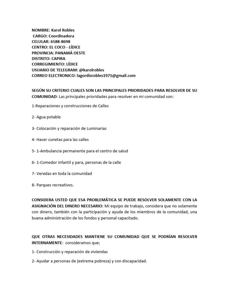 Cuestionario Centro El Coco Lidice Panama Oeste Karol Robles | PDF ...