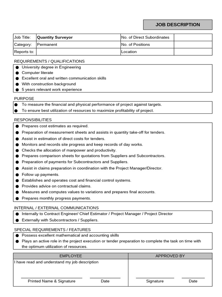 Quantity Surveyor Job Description 1 | PDF