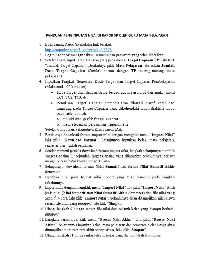 Panduan Input Nilai Rapor SP Guru | PDF