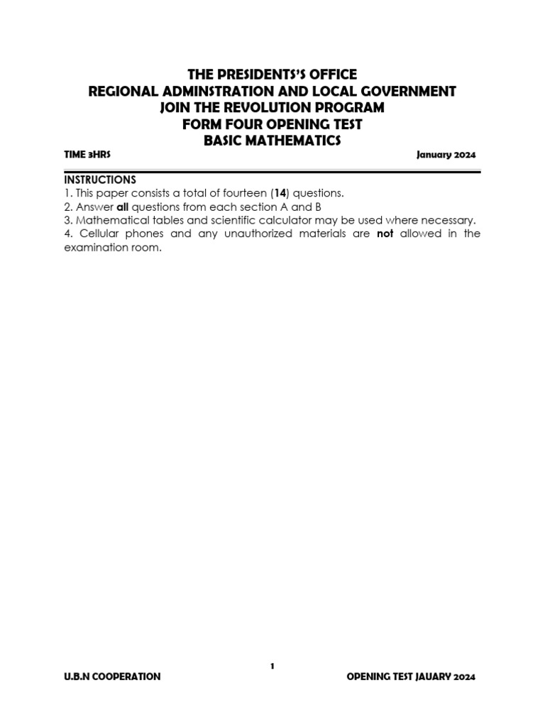 f4 B.maths Opening Test Jan 2024 | PDF | Function (Mathematics) | Circle