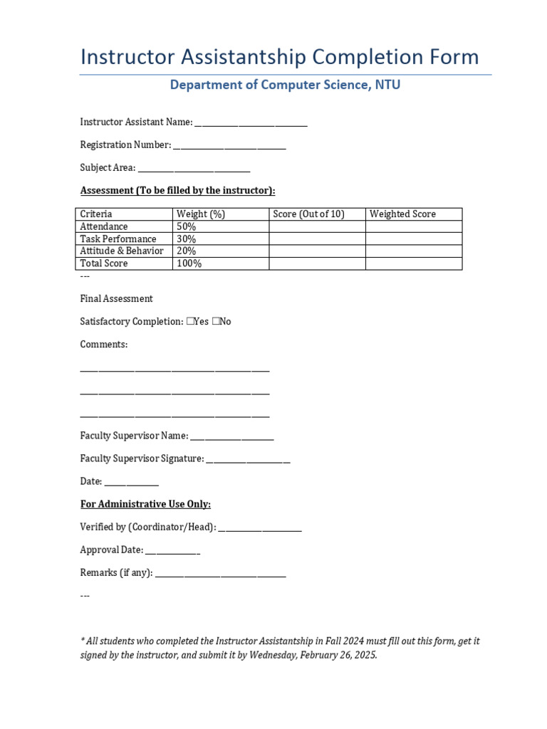 Teaching Assistantship Completion Form Updated | PDF