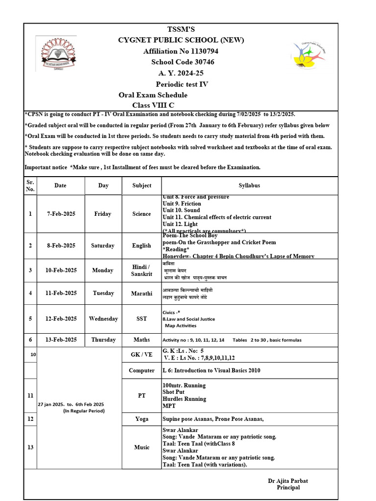 8th-CPT IV Oral Syllabus and Time Table1 | PDF