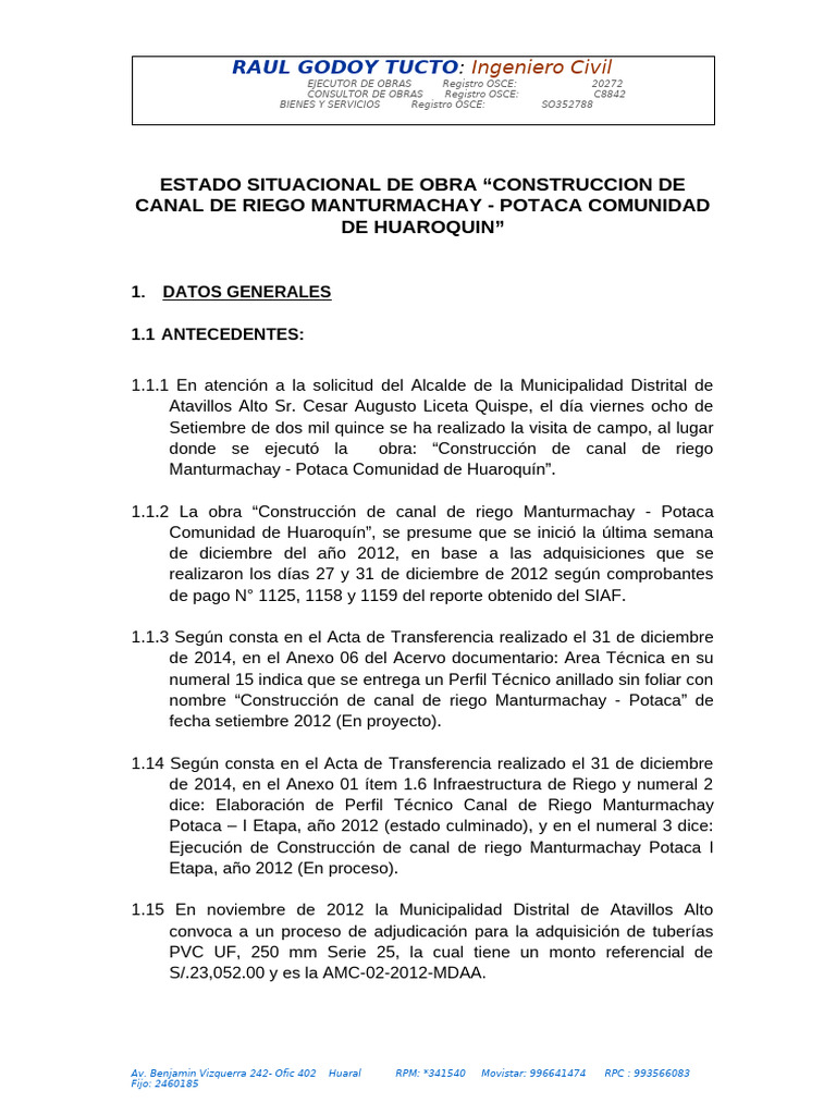 Informe sobre Canal de Riego Huaroquín | PDF | Ingeniero civil