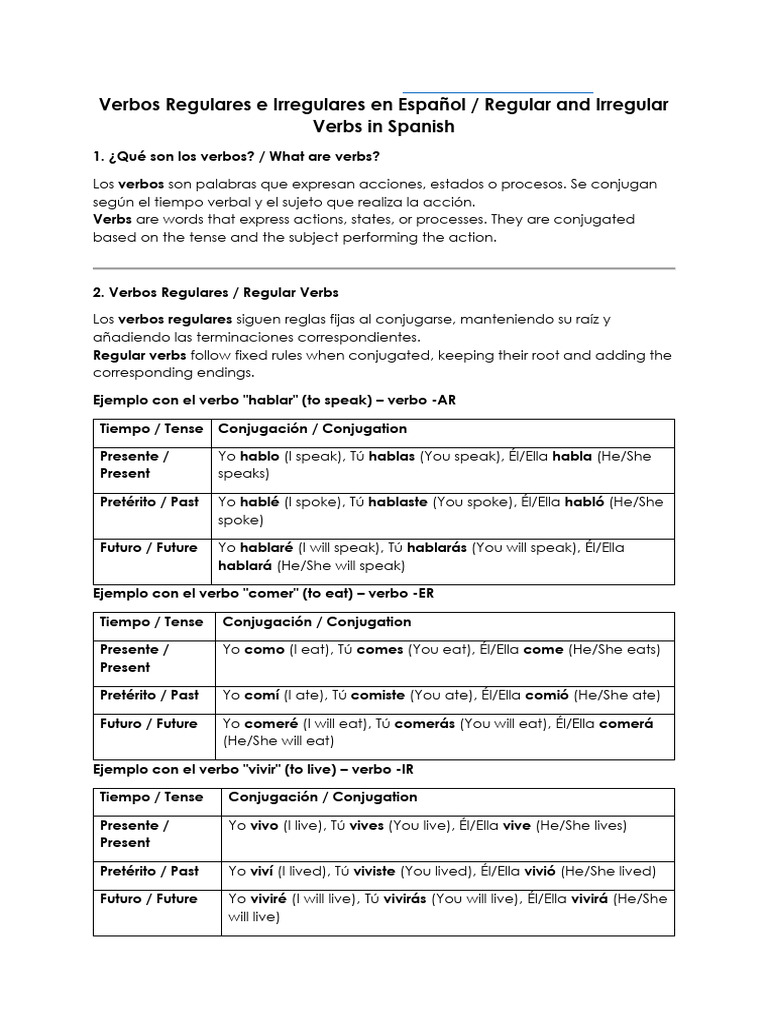 Verbos Regulares e Irregulares en Español | PDF | Verbo | Mecánica del ...