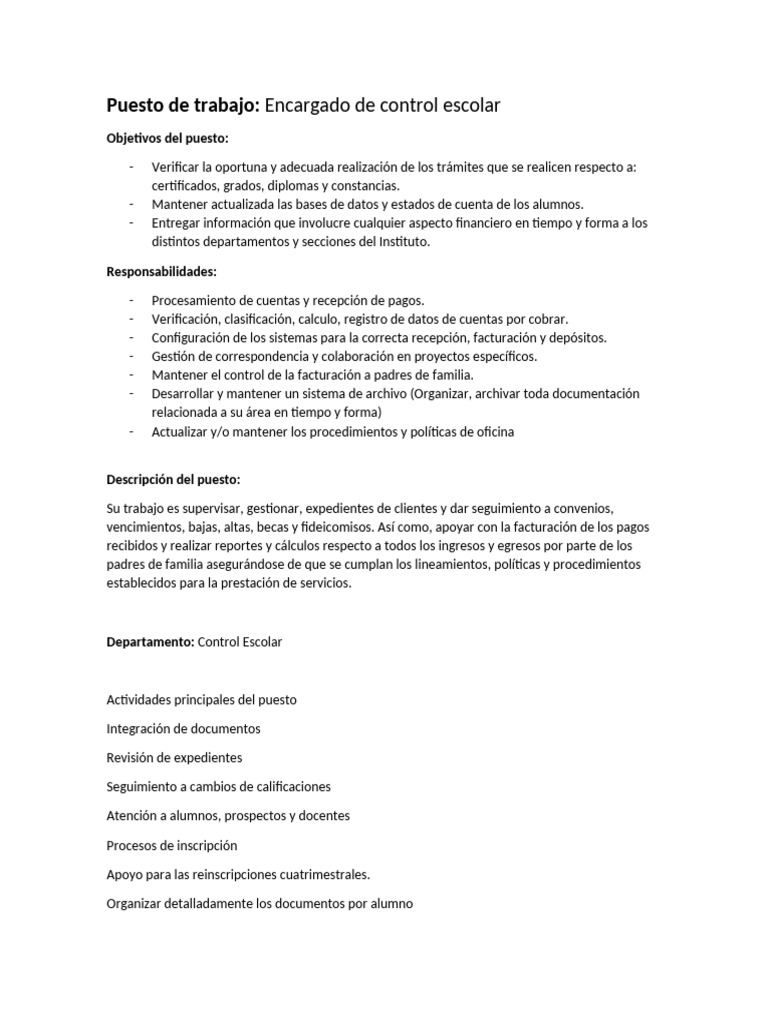Puesto de Trabajo - Control Escolar | PDF