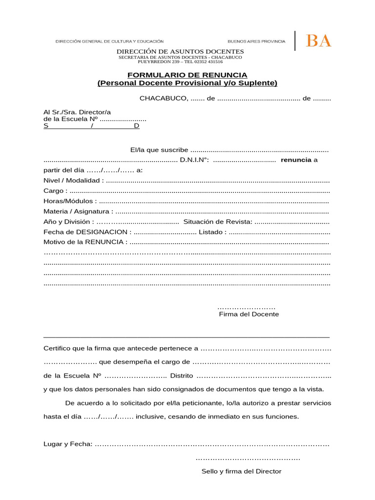 formulario renuncia prov o suplente | PDF